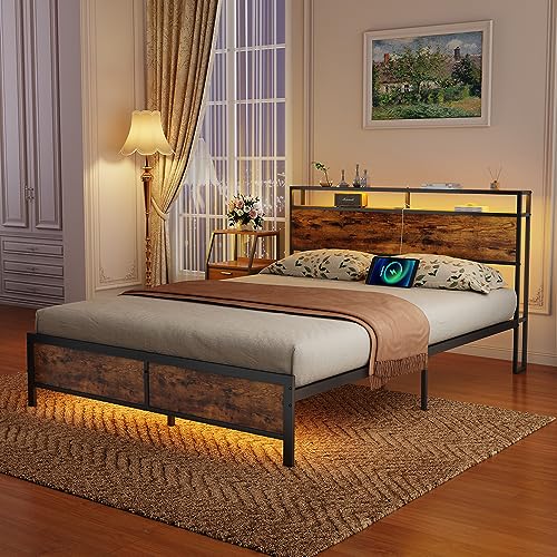 AnwickNomo Queen Size Bed Frame with Built-in LED Lights & USB Ports, Elegant Noise-Free Design, Platform Bed with Storage Headboard, Mattress Base, No Box Spring Required (Queen)
