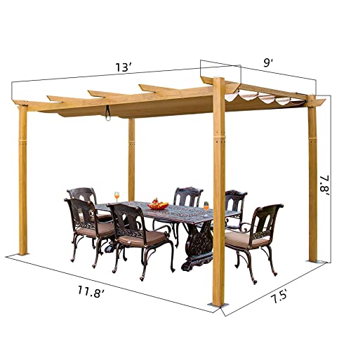 Domi 9βx13' Outdoor Retractable Pergola Against The Wall with Sun Shade Canopy, Pergolas and Gazebos Clearance, Patio Metal Canopy for Deck, Garden, Backyard(Wood-Looking)