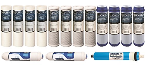 5 Stage BLUONICS Reverse Osmosis Replacement Filters with 50 GPD NSF Certified Membrane> 15 pcs Standard Size RO Cartridges