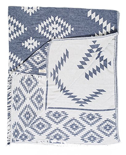 Bersuse 100% Cotton Teotihuacan XL Throw Blanket Turkish Towel - 75x90 Inches, Dark Blue
