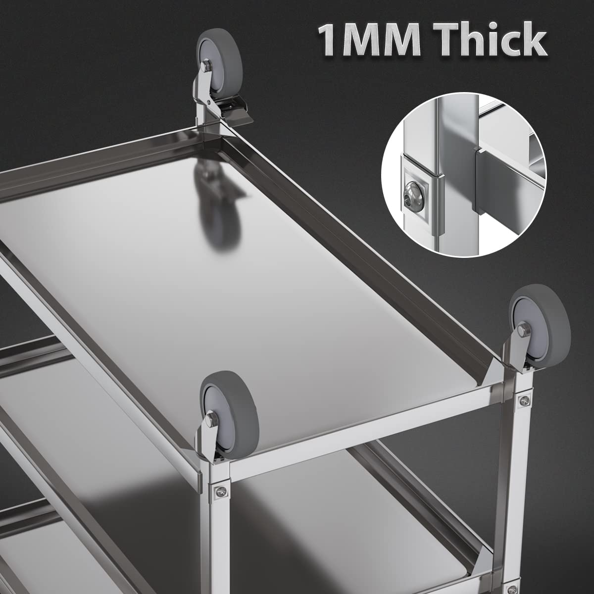 Amarite 3 Shelf Stainless Steel cart,400 lbs,1MM Thick,Serving cart with Wheels, Household, Service Trolley,360°Rotation Storage Shelf with Locking Wheels 29.5 * 15.7 * 37.4'' L*W*H S.
