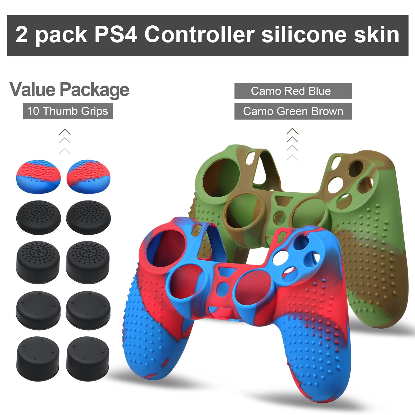 2 Pack Studded Anti-Slip Silicone Cover Skin for Sony PS4 DualSense Controller, Soft Rubber Case for Playstation 4 Wireless Controller with 10 x Pro Thumb Grip Caps (Camo Green Brown,Camo Red Blue)