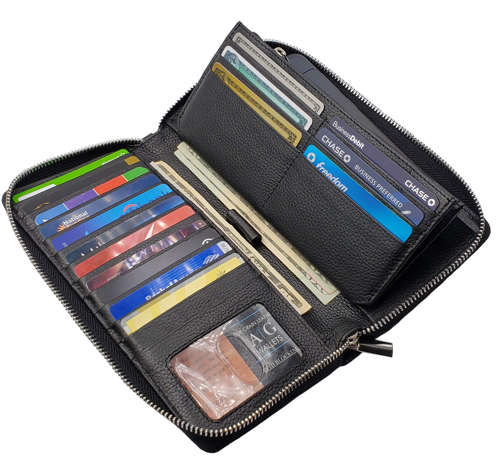 AG Wallets Women's Genuine Leather Large Capacity Wristlet with RFID Protection (Black)