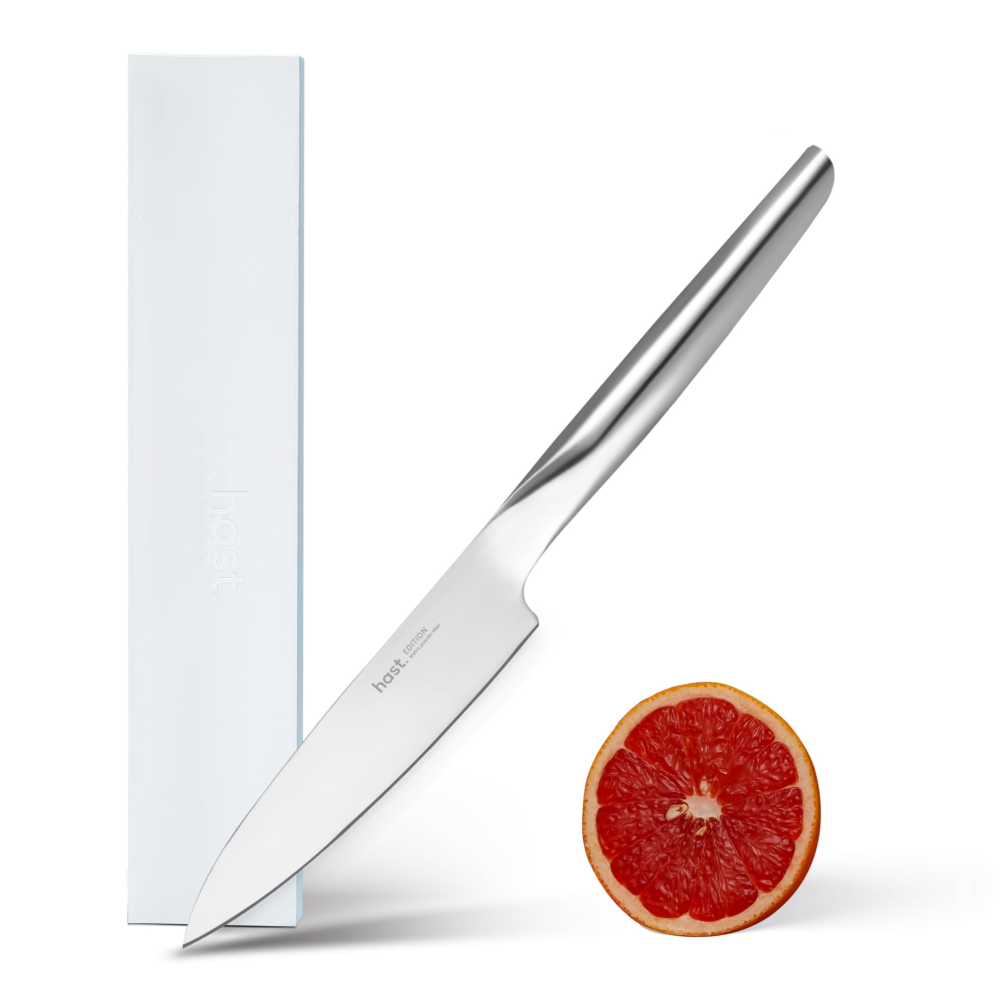 Hast Edition 5-Inch Utility Knife, Ultra-Sharp Professional Small Kitchen Knife, Patented Powder Steel, Lightweight, Comfortable Ergonomic & Award-Winning Design,Premium Small Knife (Glossy Stainless)