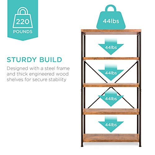 Best Choice Products 5-Tier Rustic Industrial Bookshelf Display Décor Accent for Living Room, Bedroom, Office w/Metal Frame, Wood Shelves - Brown