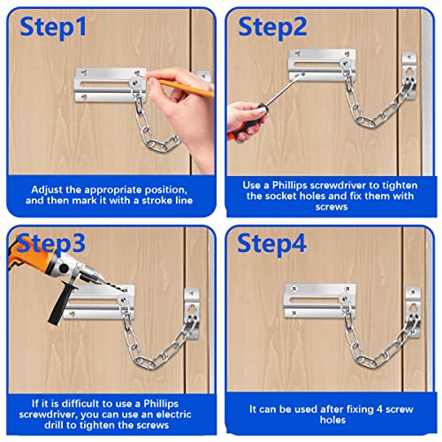 Door Chain Lock, 2 Pack Stainless Steel Chain Locks with 12 Screws, Sliver Security Thickened Chain Guard with Lock for Inside Door Kids Home Safety