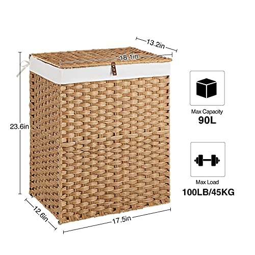 GREENSTELL Laundry Hamper, No Install Needed, 90L Wicker Laundry Baskets Foldable 2 Removable Liner Bags, 2 Section Clothes Hamper Handwoven Laundry Basket with Handles, Nature 18.3x13.3x24 Inches