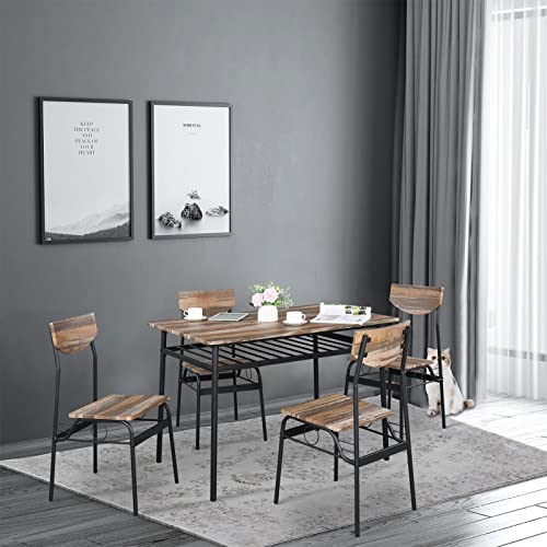 AOCOROE Rectangular Dining Table & Chair Set of 5 w/Storage Space, Dining Room Set w/ 1 Table & 4 Chairs, Table Chair Set w/MDF Tabletop & Iron Frame, for Dining Room, Bistro, Home Bar, Kitchen