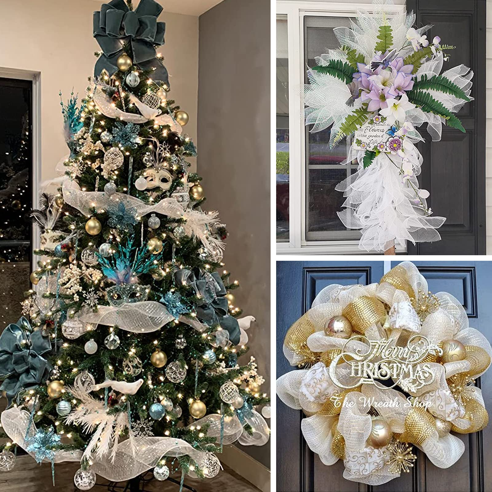 2 Rolls Christmas Deco Mesh, 10 Yards Silver & White Metallic Poly Mesh Ribbon Rolls for Wreaths, Mesh Ribbon for Christmas Tree, Wreath,Garland Home Decor