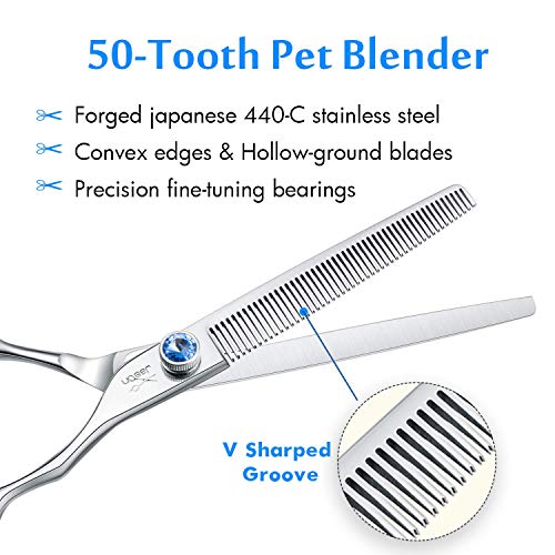 JASON 7" 50 Teeth Thinning Dog Grooming Blending Scissor, Ergonomic Pet Grooming Thinner Blender Shears Cat Trimming Texturizing Kit with Offset Handle and a Jewelled Screw, 30% Thinning Rate