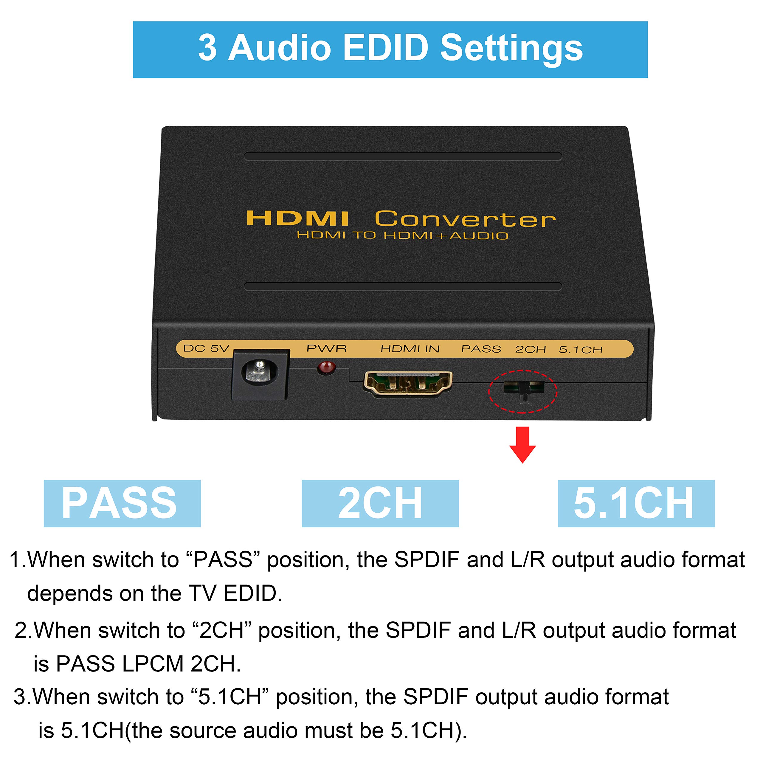 avedio links 4K HDMI Audio Extractor Splitter, 1080P HDMI to HDMI Audio Converter + Optical Toslink SPDIF + L/R Stereo Analog Audio, HDMI Audio Adapter for Fire Stick, Blu-Ray Player (4K 30Hz Black)