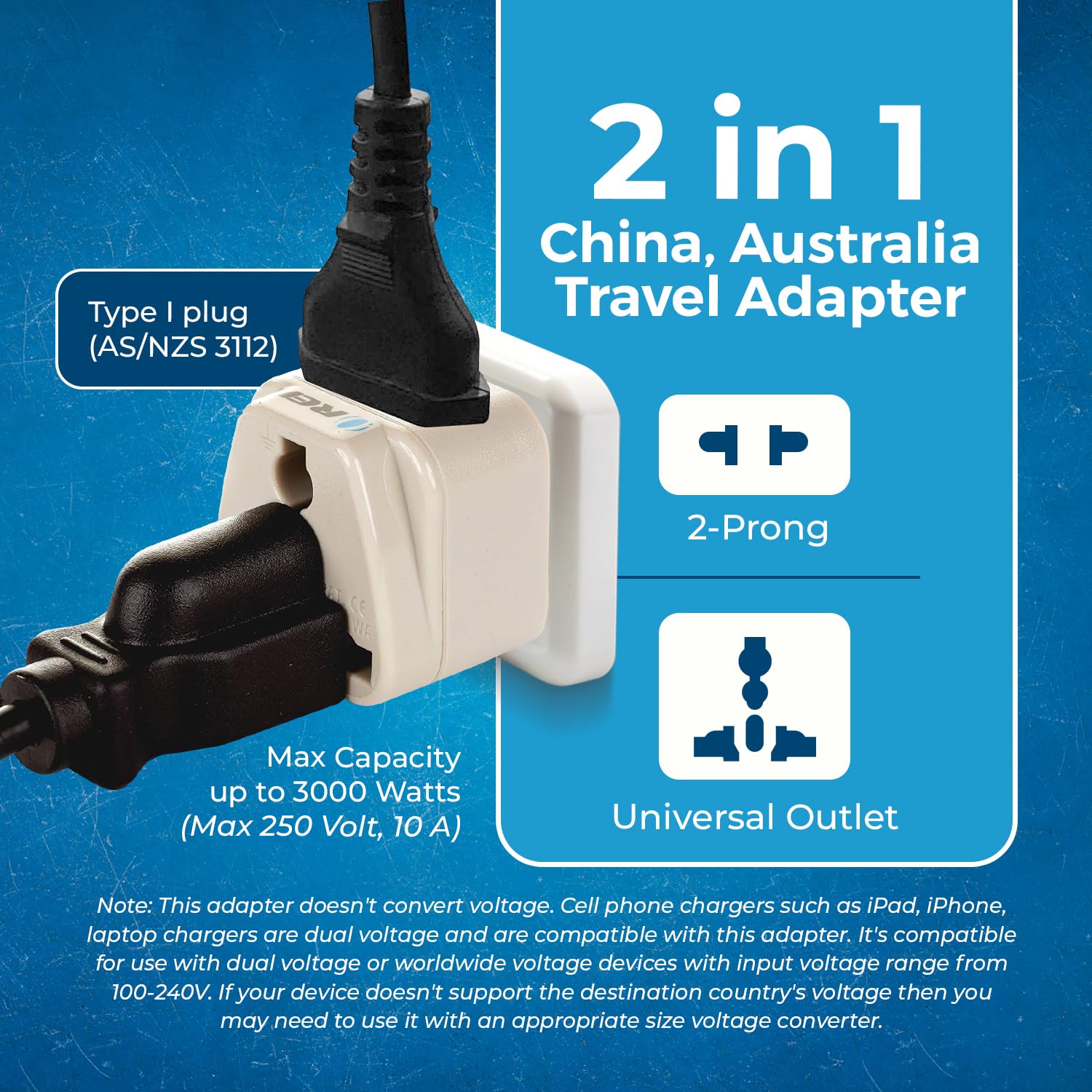 Australia Power Plug Adapter, OREI US to China Plug Adapter, 2 in 1 Type I Plug Adapter with Universal Outlet, Perfect for Laptop, Camera, Mobile, Used in Australia, New Zealand, China (DB-16-2PK)
