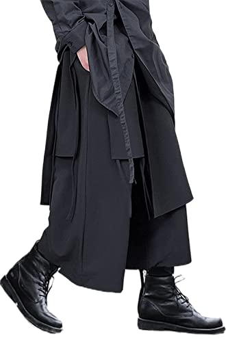 AITFINEISM Men's Casual Skirt Pants Loose Wide Leg Harem Pant Japanese Harajuku Kimono Trousers (Large, Black)