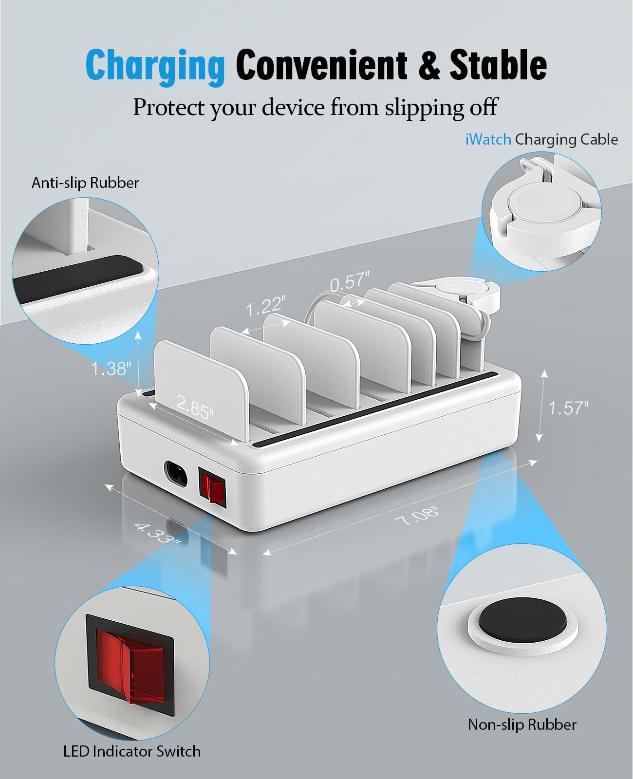 ββββππ¦πΈ Charging Station Multiple Charger Station - 6-Port USB Fast Charging Dock 50W Organizer Station with Watch Charger for iPhone|Android Cell Phone|iPad|Kindle|Watch|Tablet