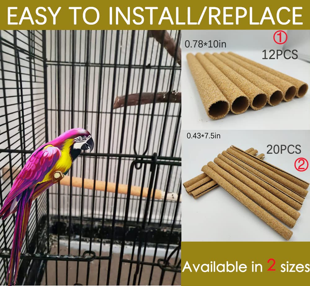20Pcs Sand Perch Covers for Bird - 7.5" Bird Perchs Bird Stand Bird Cage Accessories Natural Wood Perch Platform Paw Grinding Stick for Parakeets, Lovebirds, Parrotlets, Canaries