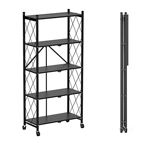 5-Shelf Foldable Storage Shelves with Wheels, Metal Shelves Heavy Duty Large Capacity Storage Shelving Unit, No Assembly, for Garage Kitchen, Warehouse, Closet, Basement and Pantry (Black, 5 Tier)
