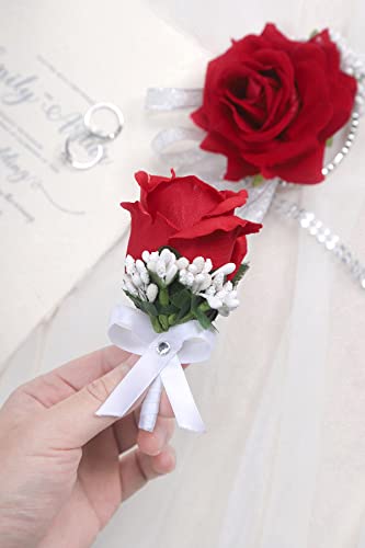 Aivanart Corsage and Boutonniere Set for Weddings,Burgundy Red Artificial Flower Wristlet Boutineers for Bride Shower Prom Formal Dinner Party Anniversary