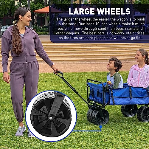Beach Wagon Folding with Large Sand Wheels Heavy Duty Collapsible Cart with Patent Pending Beach Chair Holder Great for Ocean, Camping and Fishing β Solid Blue Color