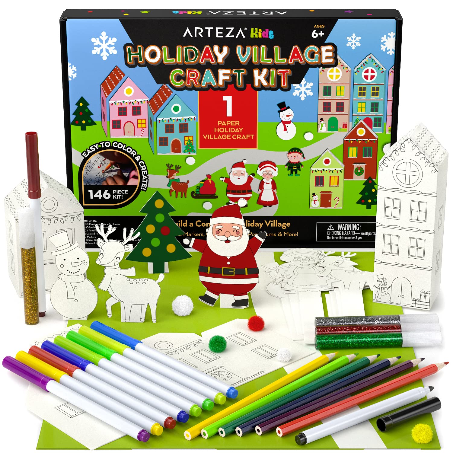 Arteza Kids Christmas Village Kit, 3D Holiday Kit Includes 20 Colorable Cut Out Cardboard Crafts, Glitter Glue, Pom Poms, Markers, Craft Supplies for Family Activities, Winter and Holiday Parties