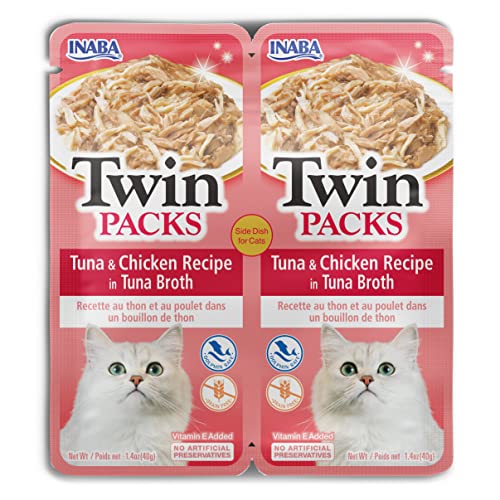 INABA Twin Packs for Cats, Grain-Free Shredded Chicken & Broth Gelée Side Dish/Topper Pouch, 1.4 Ounces per Serving, 22.4 Ounces Total (16 Servings), Tuna & Chicken Recipe in Tuna Broth