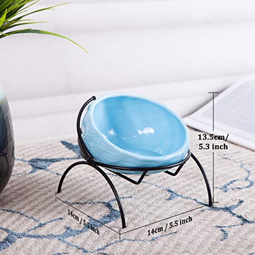 Jemirry Ceramic Elevated Cat Bowl Anti Vomiting, 15° Tilted Food and Water Cat Bowl Set, Raised Pet Bowl with Non-Slip Stand for Cat and Dog, Protect Pet's Spine, Microwave Dishwasher Safe, Sky Blue