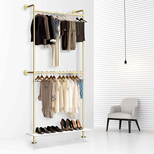AIWFL Industrial Pipe Clothing Rack Wall Mounted,Modern Simple Metal Clothes Rack,Vintage Retail Display Garment Rack with White Shelves,Metal Gold Clothes Racks with 2 Tier Hanging Rods(47.2" L)