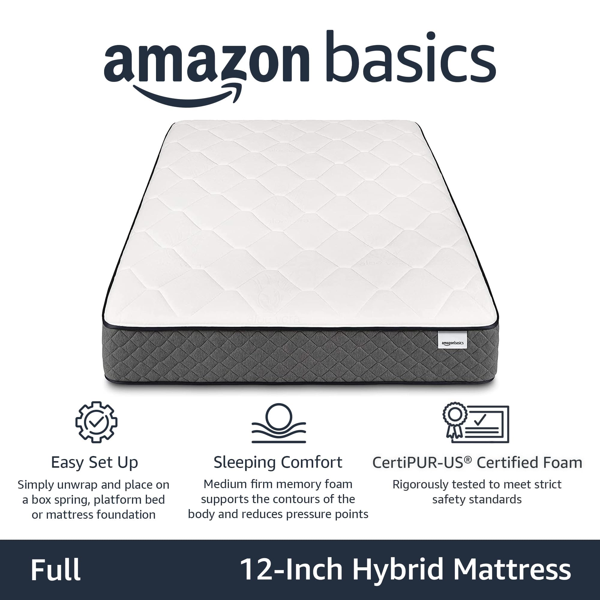 Amazon Basics Memory Foam Mattress, Full Size Mattress, Hybrid, 12 Inch, Medium Feel, Motion Isolation Springs, White/Gray