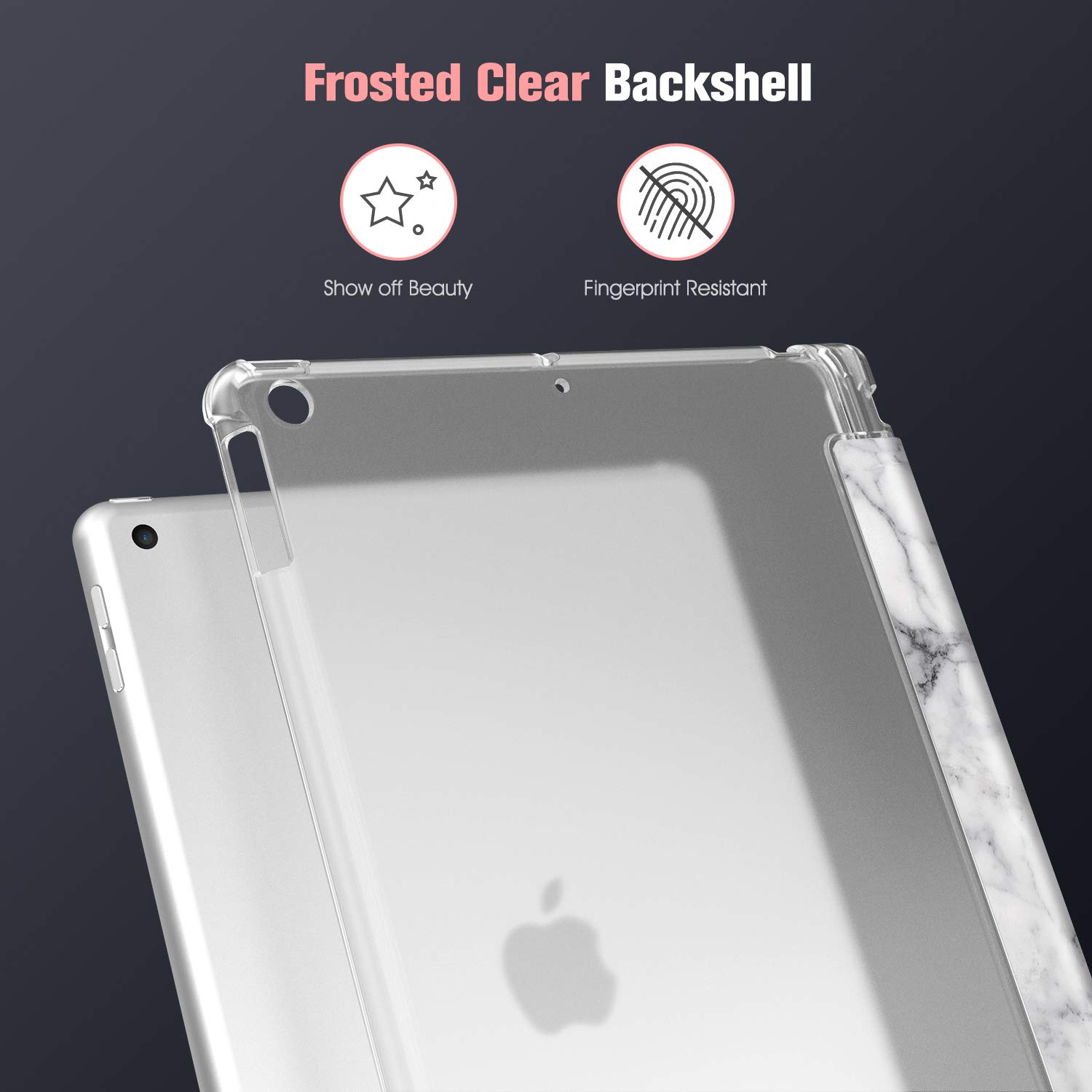 Fintie Case with Pencil Holder for iPad 9th / 8th / 7th Generation (2021/2020/2019) 10.2 Inch - Slim Shell Hard Case with Translucent Frosted Stand Back Cover, Auto Sleep/Wake, Marble White