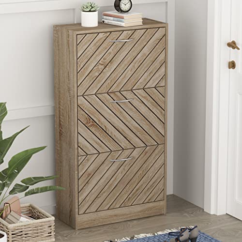 AGOTENI Shoe Cabinet with 3 Flip Drawers, Shoe Storage Organizer with 2-Tier Shelf for Entryway, Freestanding Shoe Rack Storage Organizer, Natural