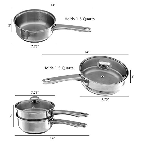 6 Cup Double Boiler Pot Set β 1.5 Quart Stainless-Steel Saucepan 2-in-1 with Vented Glass Lid β Kitchen Cookware with Measurements by Classic Cuisine