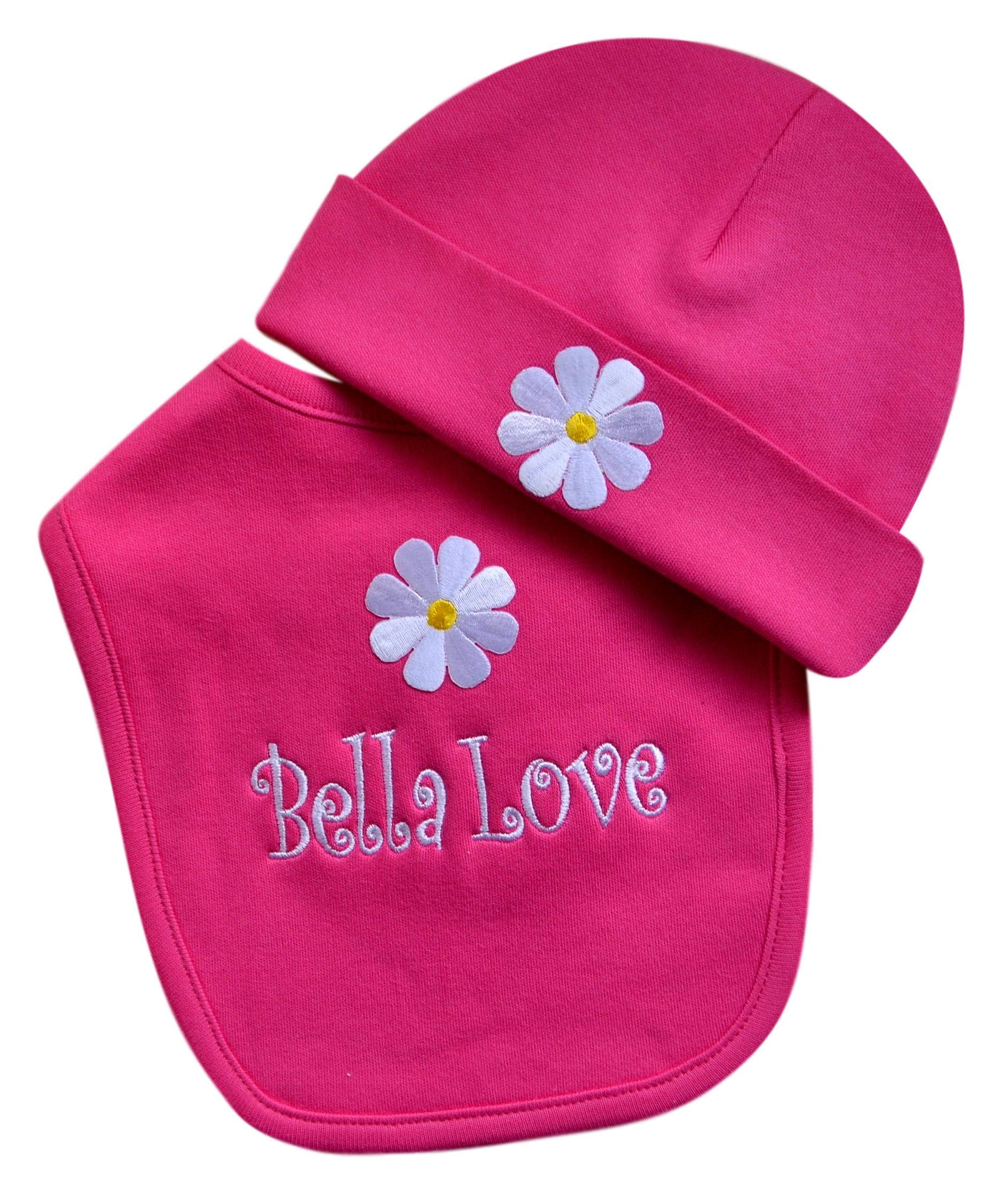 Personalized Baby Girl Bib with Matching Hat Featuring Daisy with Custom Name New Baby Gift Set (Hot Pink Set)