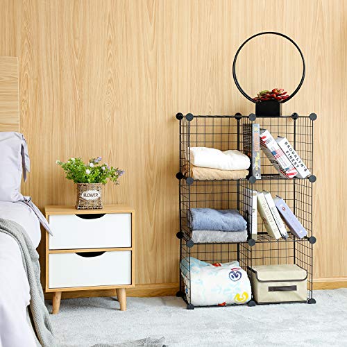 BASTUO Wire Cube Storage Cabinet, 6 Cubes DIY Metal Organizer, Stackable Bookcase Shelf Modular Cube Organizer Rack, Wardrobe Closet for Livingroom, Bedroom, Office, Black