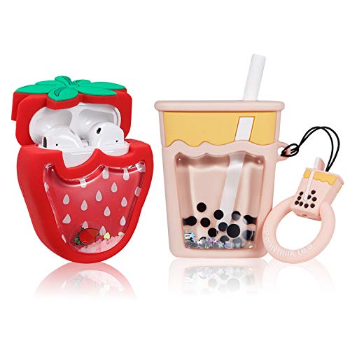 Hairland for Airpod 2/1 Silicone Case, Soft Protective Cartoon Fashion Cute Design Air Pods Cover Skin Kids Girls Funny Headphone Accessories Charging Cases for AirPods (Quicksand Strawberry+Milk Tea)