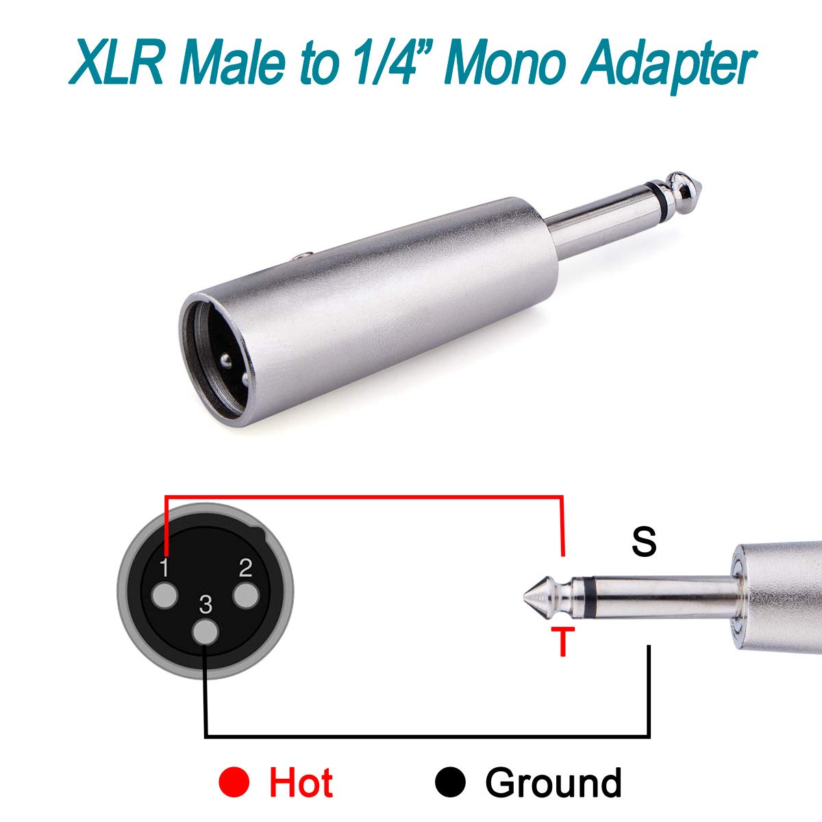 ALEKOR XLR Male to 1/4 Inch Male TS Adapter - 6.35mm Mono to XLR Male Gender Changer Connector - 2 Pack