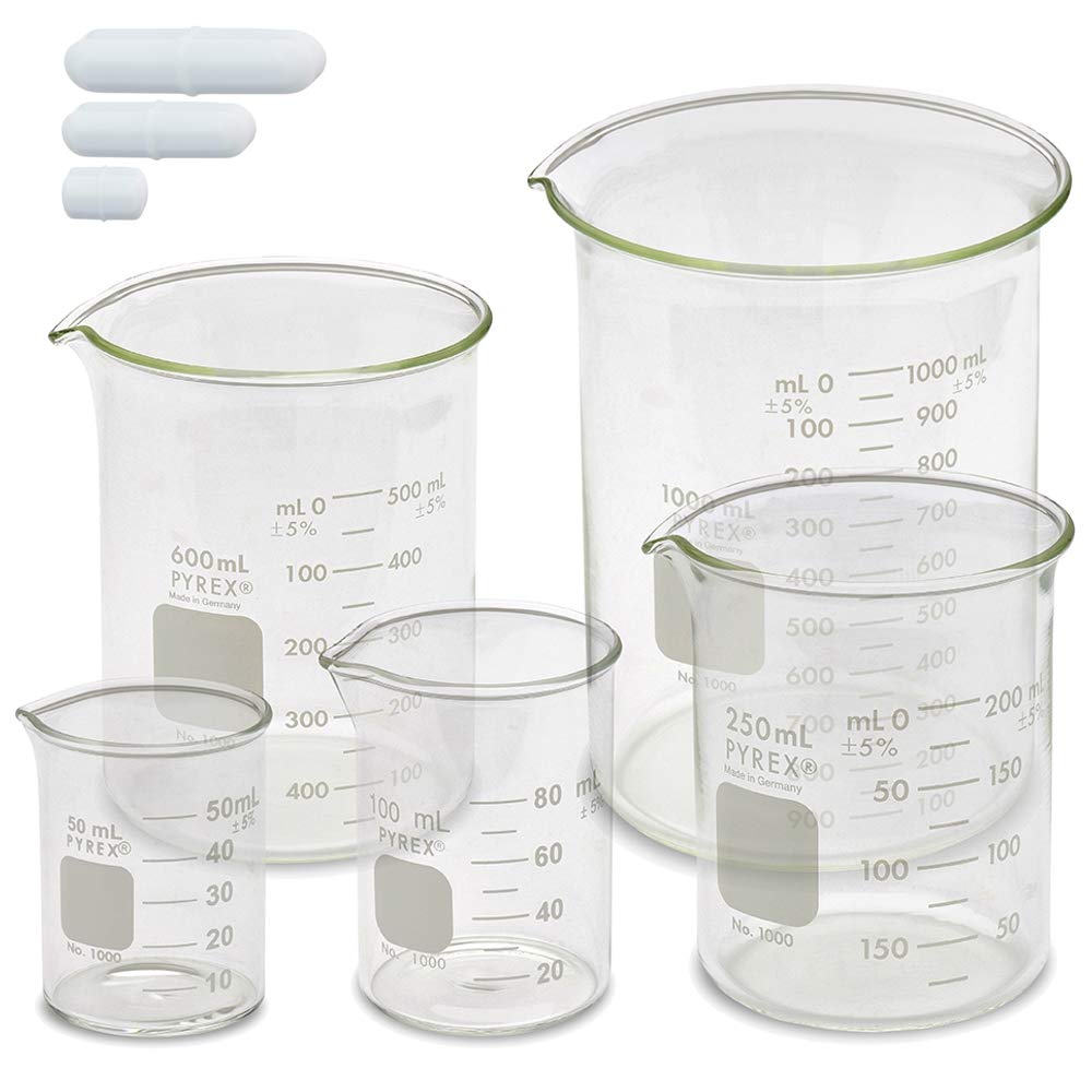 Corning PYREX #1000 Griffin Low Form, Glass Beaker Set with Magnetic Stir Bar Set - 5 Sizes - 50, 100, 250, 600, and 1000ml