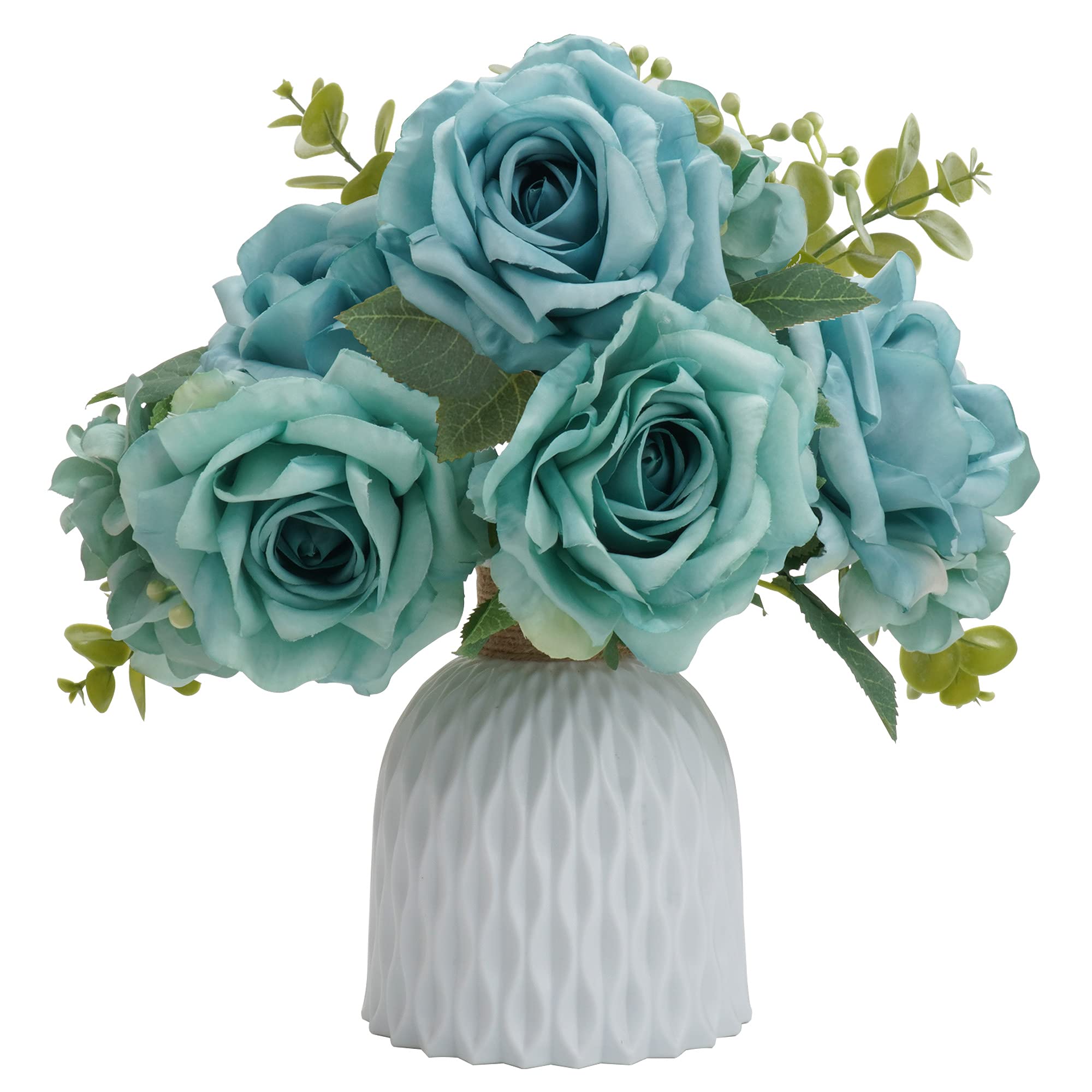 Artificial Flowers Set and vase, Combination Arrangements for Home Garden Party Wedding ļ¼Fake Rose Flowers Bedroom Living Room Kitchen Office Decoration ļ¼ Blue Flowers White vase