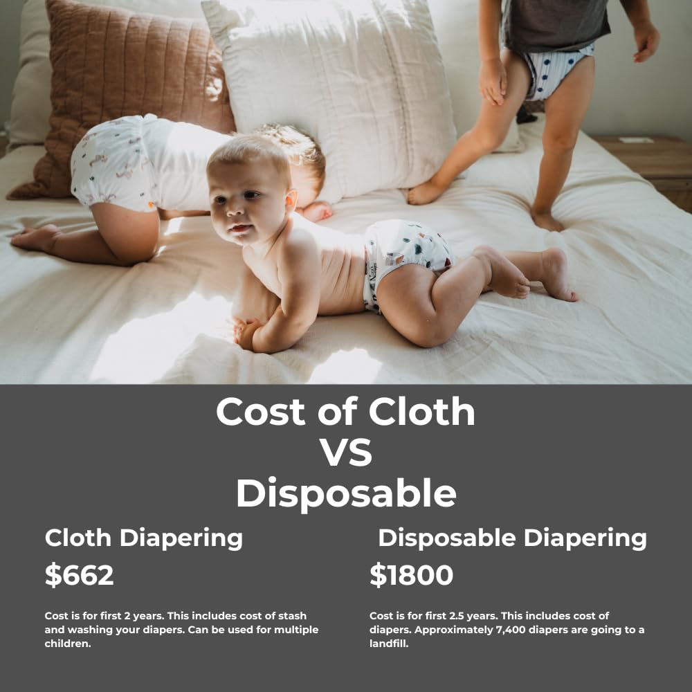Nora's Nursery Cloth Diapers 7 Pack with 7 Inserts & 1 Wet Bag - Waterproof Cover, Washable, Reusable & One Size Adjustable Pocket Diapers for Newborns and Toddlers - Down to Earth