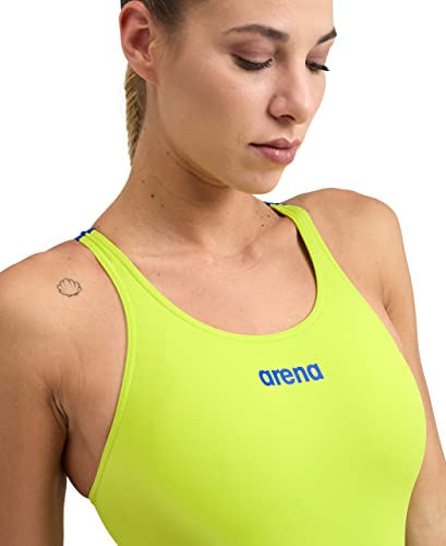 Arena Women's Standard Swim Tech Open Back MaxLife One Piece Solid Team Swimsuit, Soft Green/Neon Blue, 34