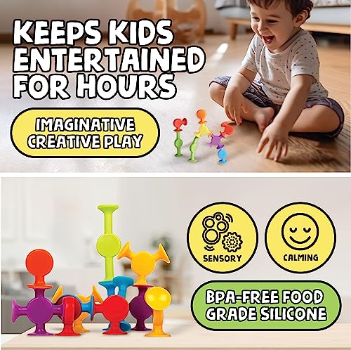 BUNMO Suction Bath Toys 24pcs | Connect, Build, Create | No Mold Bath Toy | Hours of Fun & Creativity | Stimulating & Addictive Sensory Suction Toy | No Hole Bath Toy | Mold Free Bath Toys