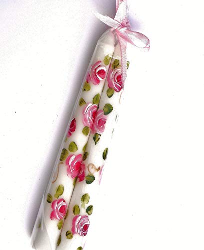 Decorated 8 Inch Tall Hand Painted Pink Rose Ivory or White Short Taper Candles Set Small Housewarming Gift for Women