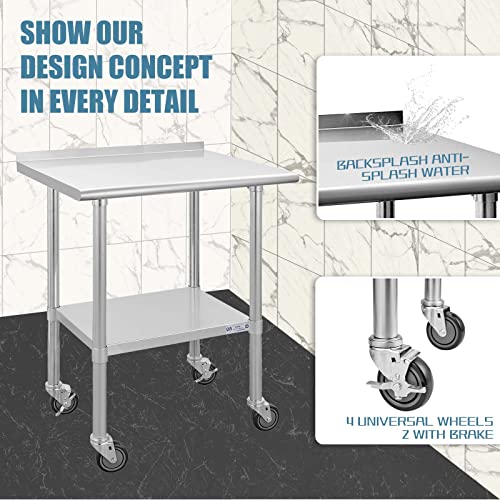 Hally Stainless Steel Table for Prep & Work 24 x 30 Inches with Caster Wheels, NSF Commercial Heavy Duty Table with Undershelf and Backsplash for Restaurant, Home and Hotel
