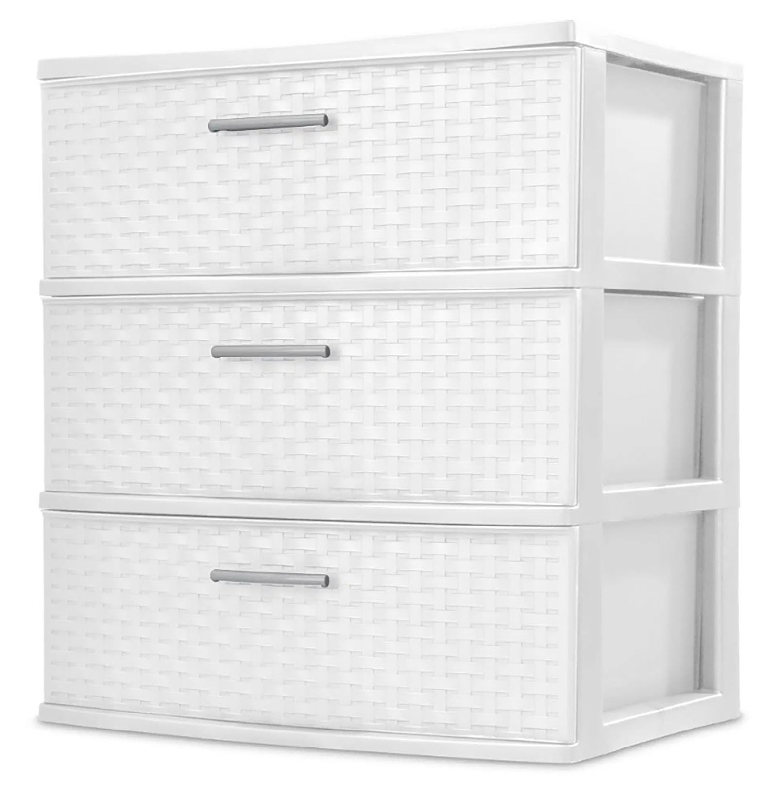 3 Drawer Cross Weave Storage Tower, Decorative Plastic Bin Drawers with Handles Organize Clothes in Bedroom, Easy Assembly,White