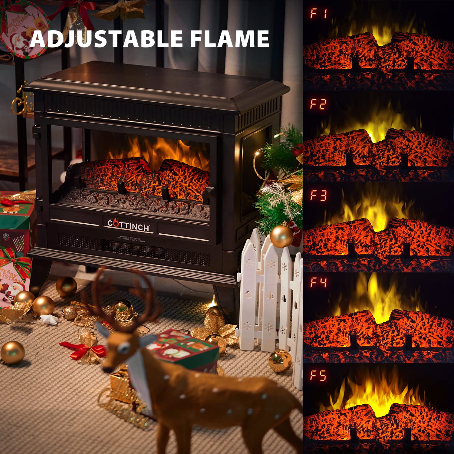 25 inch Electric Fireplace Heater Portable for Indoor, Living Room, Large Room, Logs with Lights, Fireplace Heater 3D Flame Effects Adjustable Brightness Remote Control 1400W Brwon