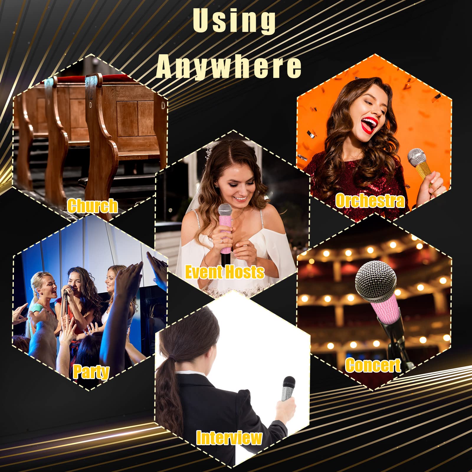 3 Pieces Rhinestones Mic Handle Cover Rhinestone Microphone Sleeve Bling Microphone Sleeve for TV Shows Party Performance Speech Replacement Glitter Microphone Accessories (Silver, Gold, Pink)