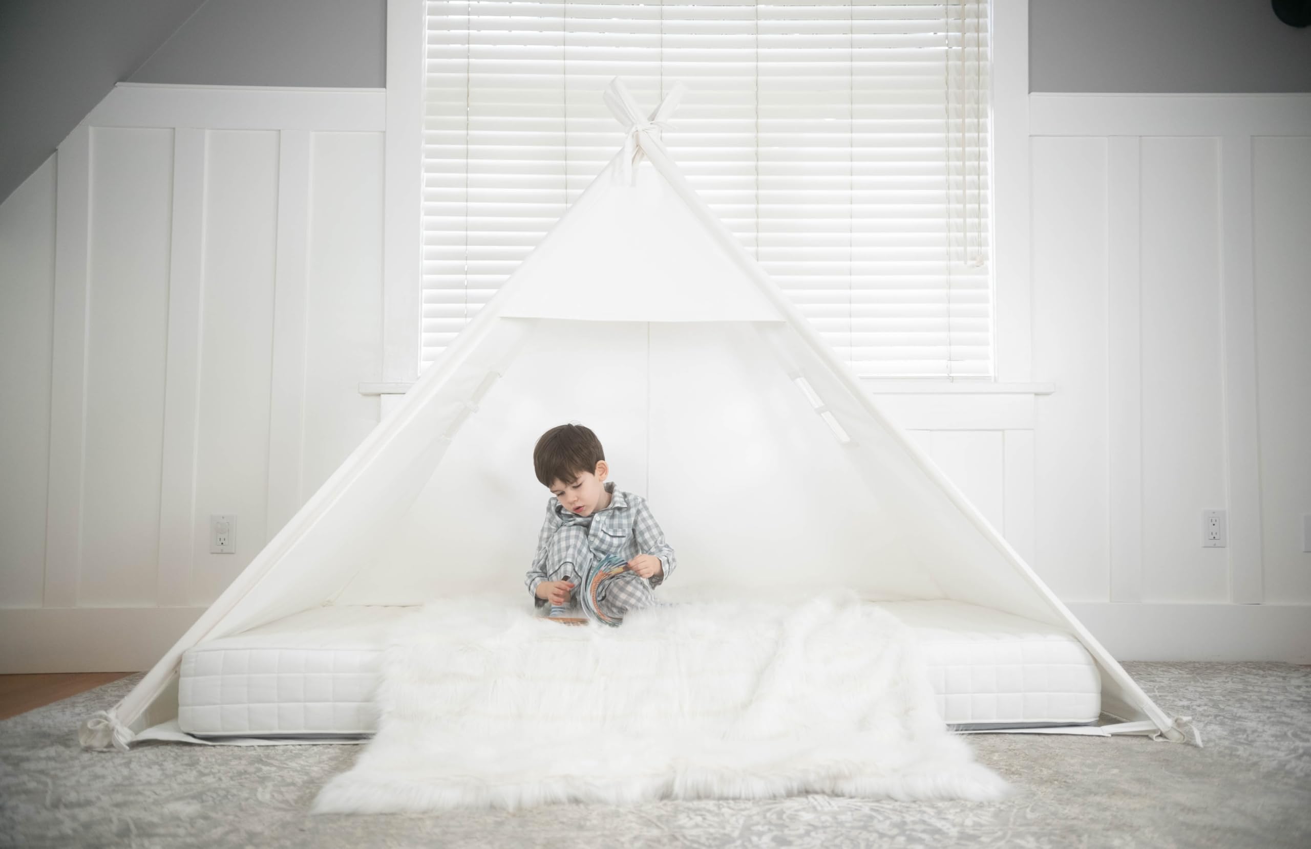 Domestic Objects | Play Tent Bed Canopy | Teepee for Mattress | 100% Cotton Canvas | Premium Quality (Twin/Single No Door) (White)