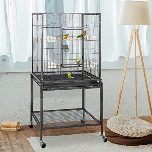 Epetlover 53 Inch Height Wrought Iron Standing Parrot Large Flight Bird Cage with Rolling Stand Birdcages for Parakeet Cockatiel Conure Lovebird Finch Black