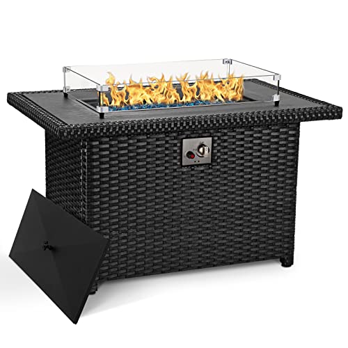 44 in Propane Gas Fire Table Auto-Ignition 50,000BTU, Rectangle Woven Rattan Fire Pit for Outside Patio Garden Deck & Backyard,with Lid and Blue Glass Beads, Glass Wind Guard,CSA Approved(Black)