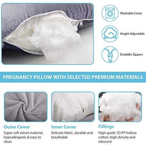 BATTOP Pregnancy Pillows Full Body Maternity Pillow for Sleeping with Cooling Washable Cover,Support for Back, Hips, Legs, Belly for Pregnant Women (Velvet-Grey)