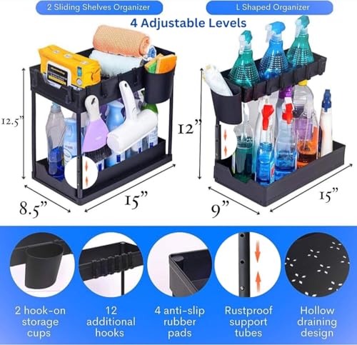 2 Sets of 2 -Tier Multi-Purpose Under Sink Organizer and Storage, Adjustable Height Pull Out Under Sink Kitchen Bathroom Cabinet with 8 Hooks and 2 Hanging Cup, Kitchen Sink Splash Guard