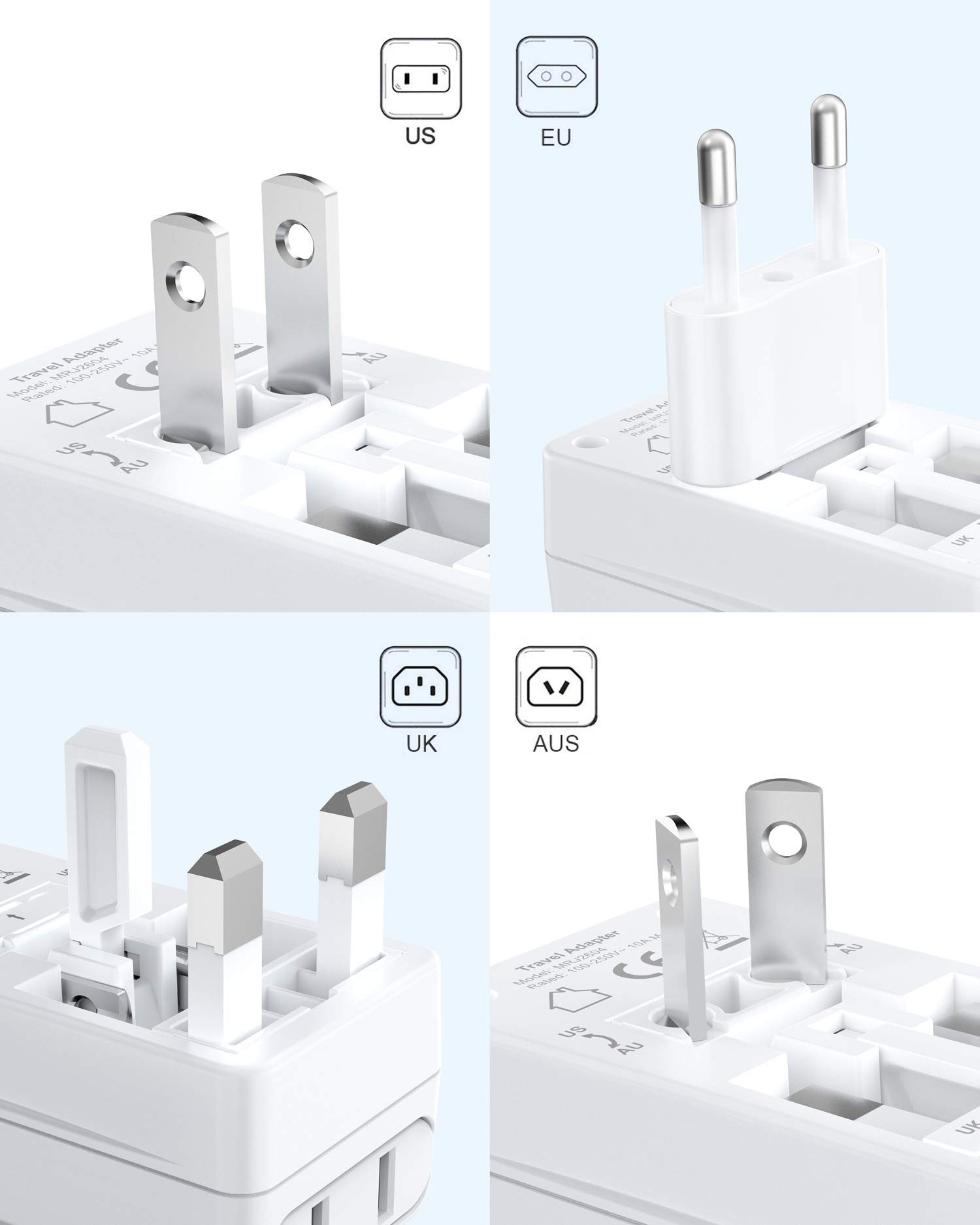 BESTEK Worldwide Travel Plug Adapter, Dual 100-250V Input Plug Adapter Universal All-in-One Travel Adapter Travel Power Adapter for UK, Europe, AU, JP, US, Type A/I/G/C - 2 Pack
